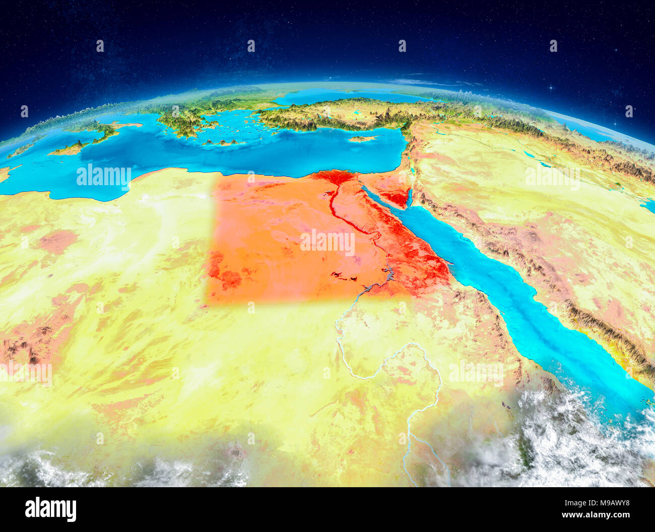 Orbit view of Egypt highlighted in red on planet Earth with highly ...