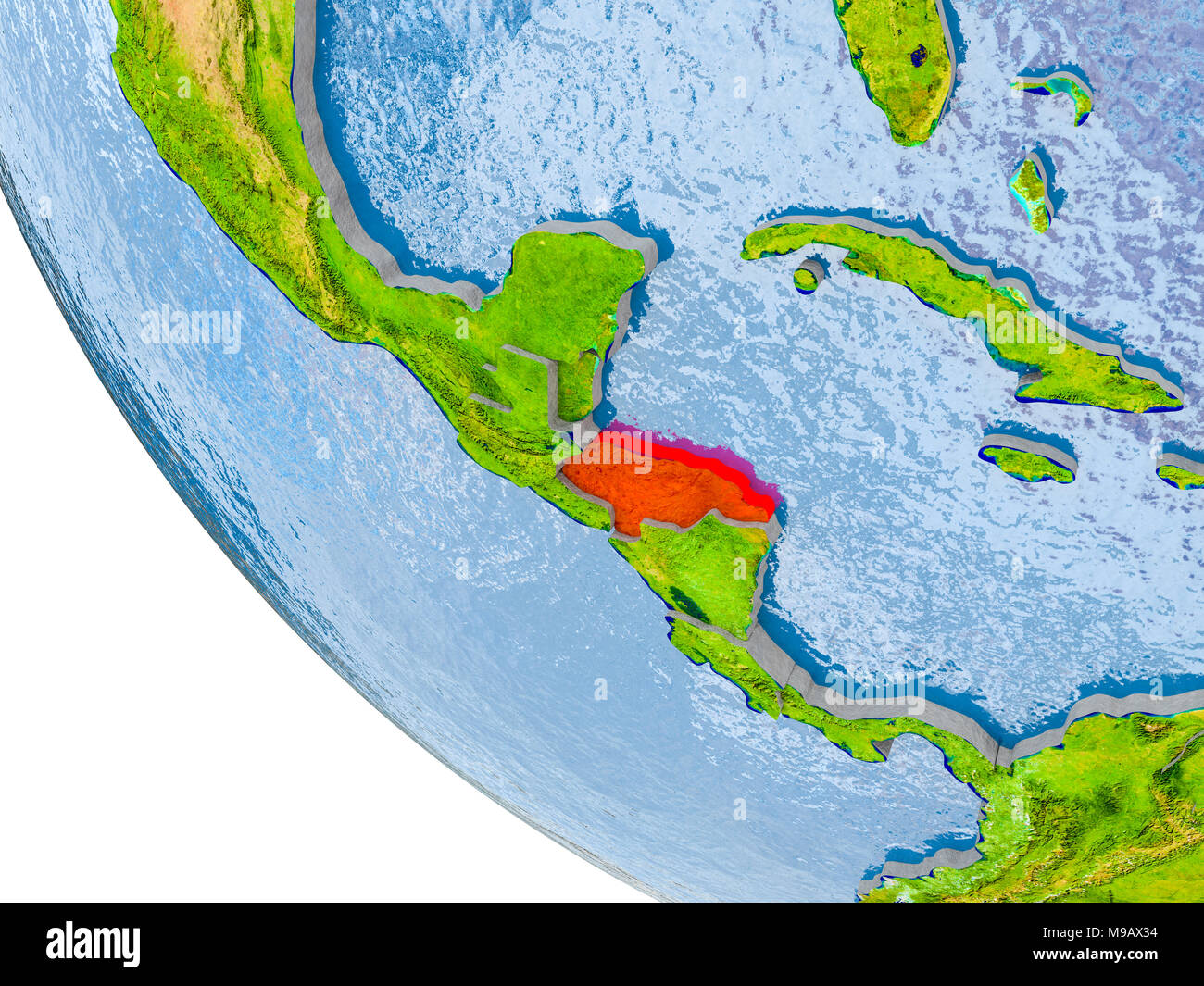 Map of Honduras in red on globe with real planet surface, embossed ...