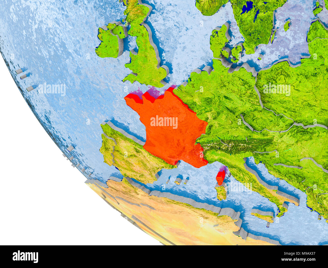 Map of France in red on globe with real planet surface, embossed ...