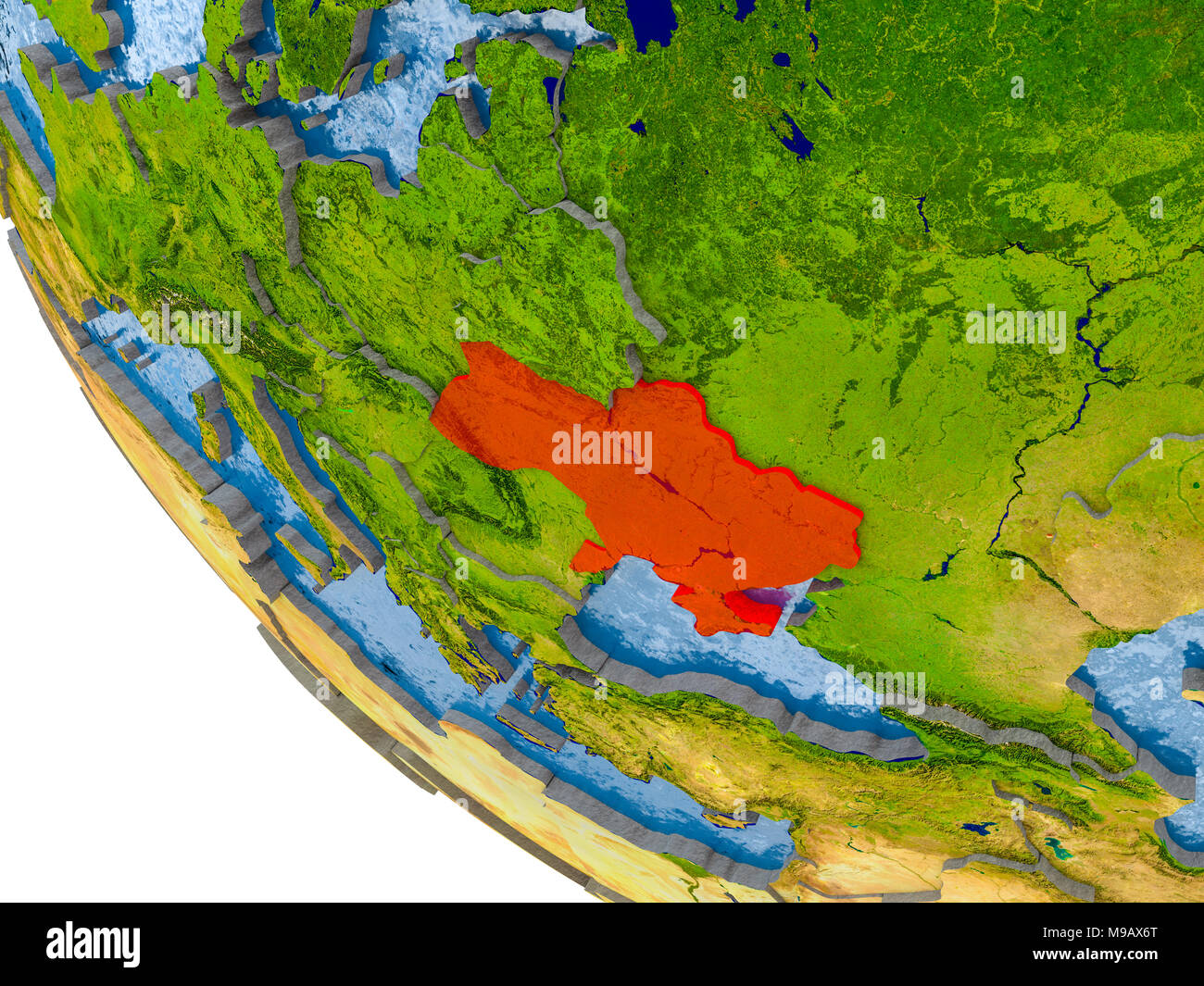 Map of Ukraine in red on globe with real planet surface, embossed ...