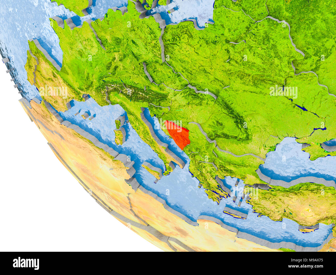 Map of Bosnia and Herzegovina in red on globe with real planet surface ...
