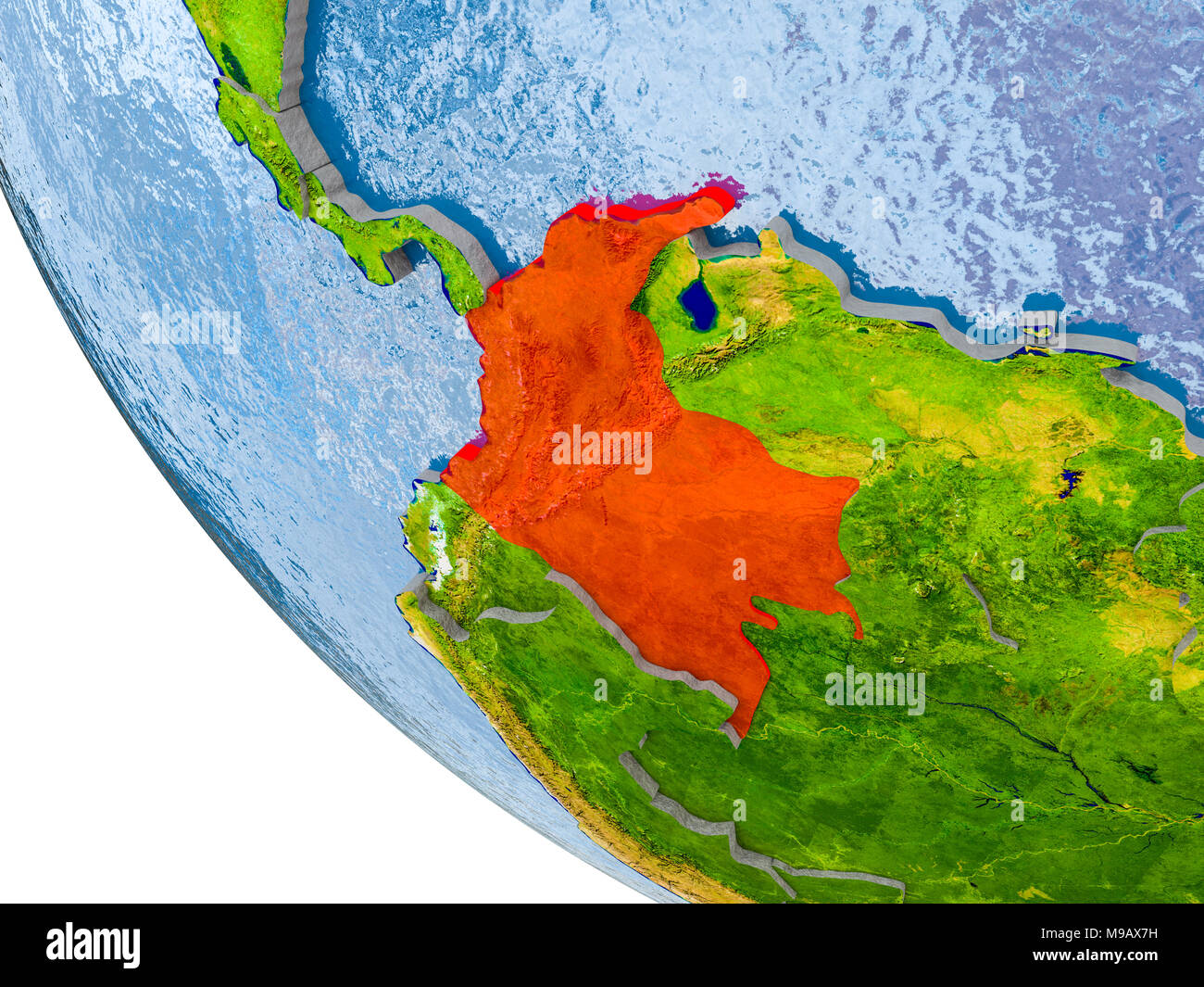 Map of Colombia in red on globe with real planet surface, embossed ...