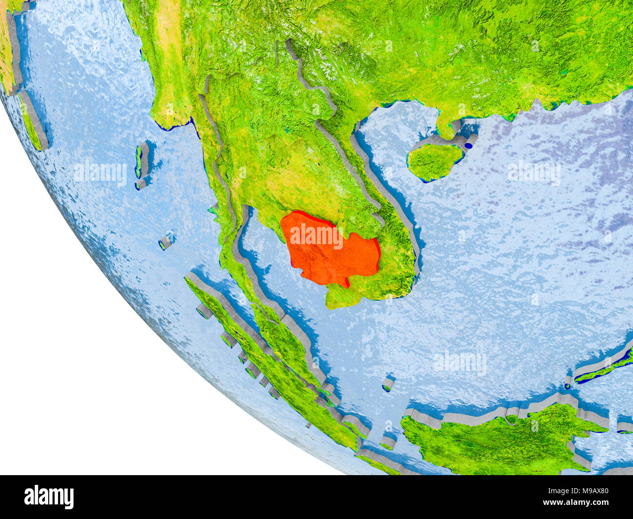 Map of Cambodia in red on globe with real planet surface, embossed ...
