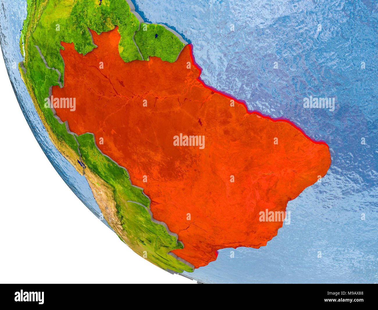 Map of Brazil in red on globe with real planet surface, embossed ...