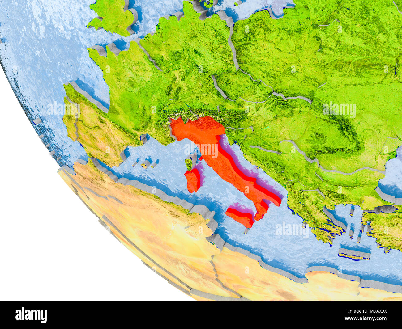 Map of Italy in red on globe with real planet surface, embossed ...