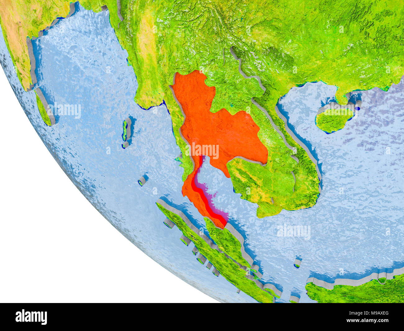 Map of Thailand in red on globe with real planet surface, embossed ...