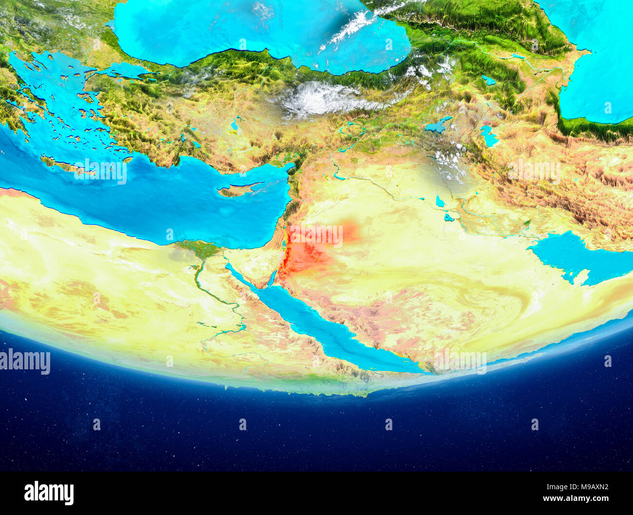 Jordan highlighted in red on planet Earth with clouds. 3D illustration ...
