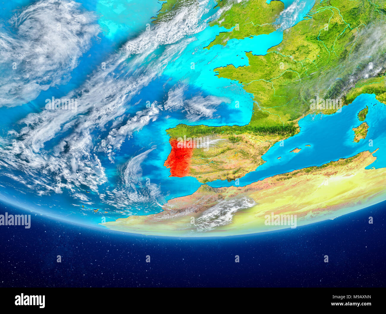 Portugal highlighted in red on planet Earth with clouds. 3D ...