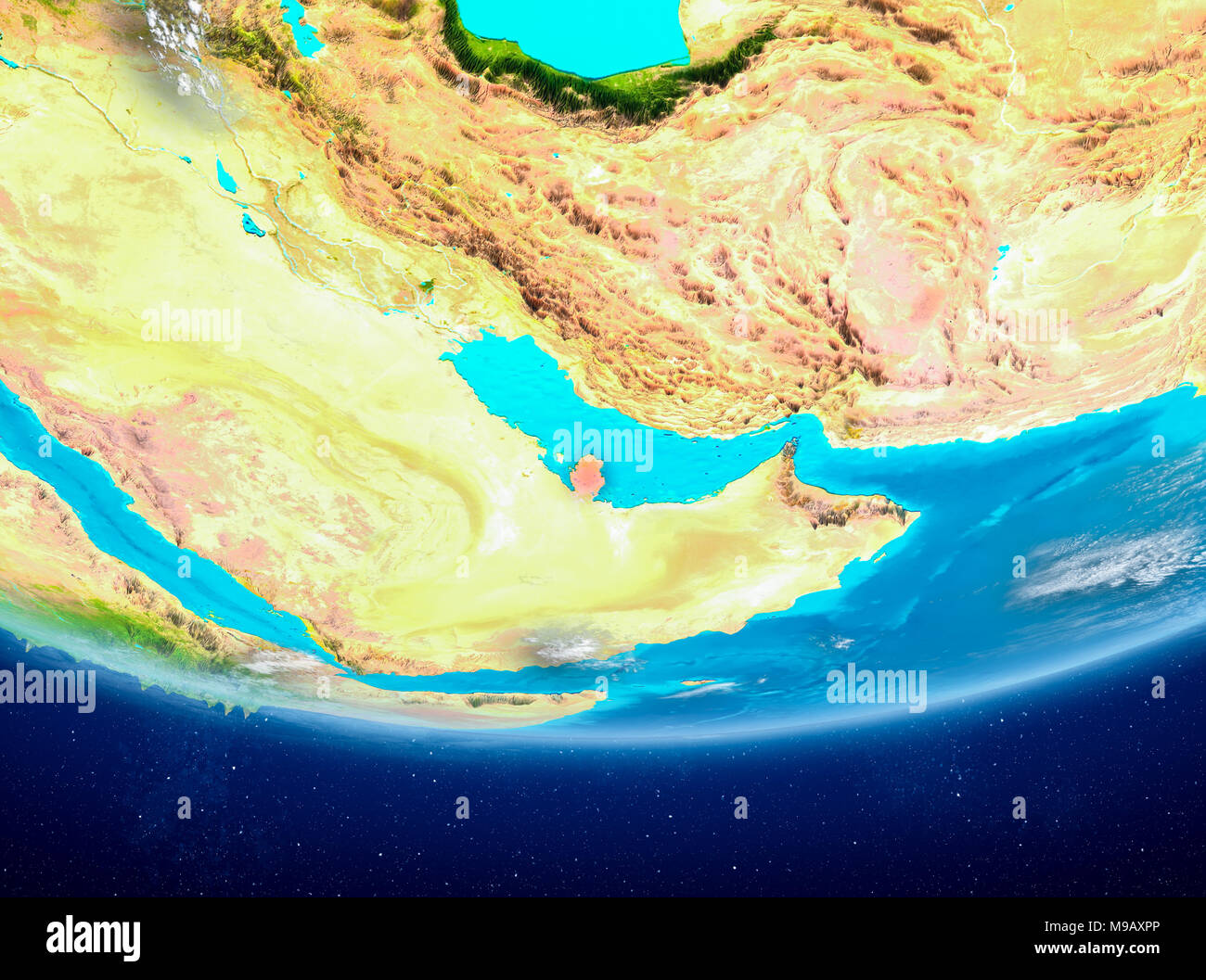 Qatar highlighted in red on planet Earth with clouds. 3D illustration ...