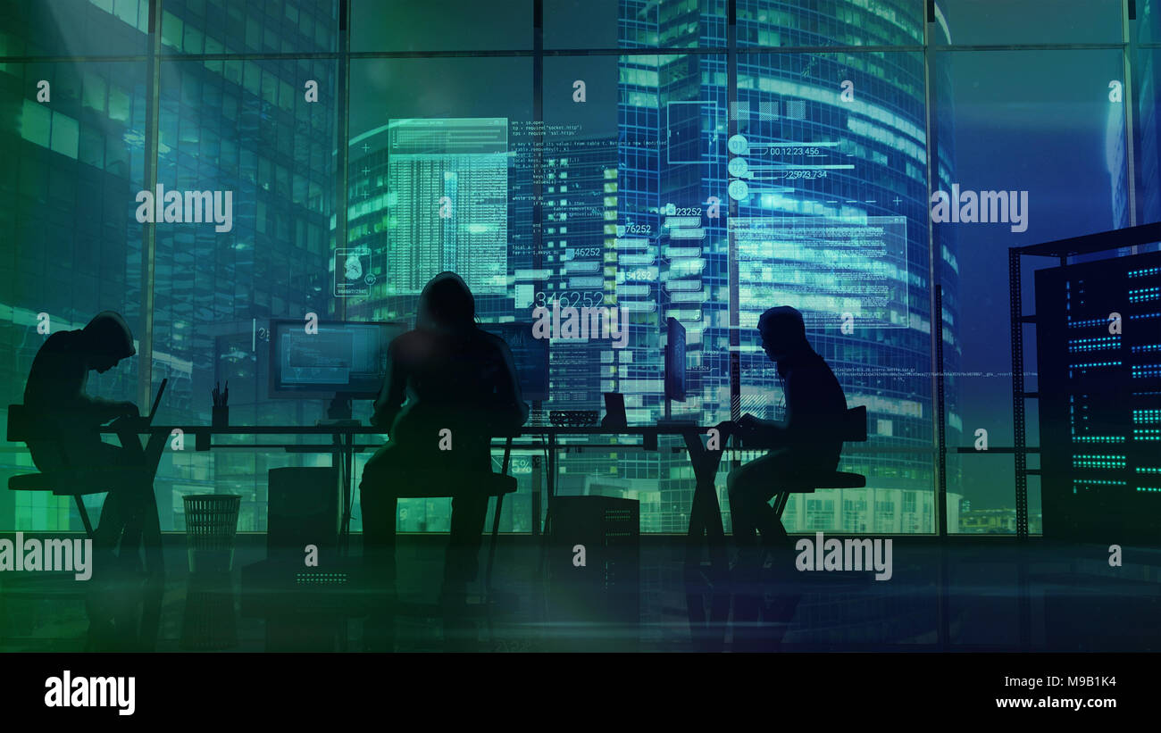 Hackers at work on the background of green office buildings Stock Photo ...
