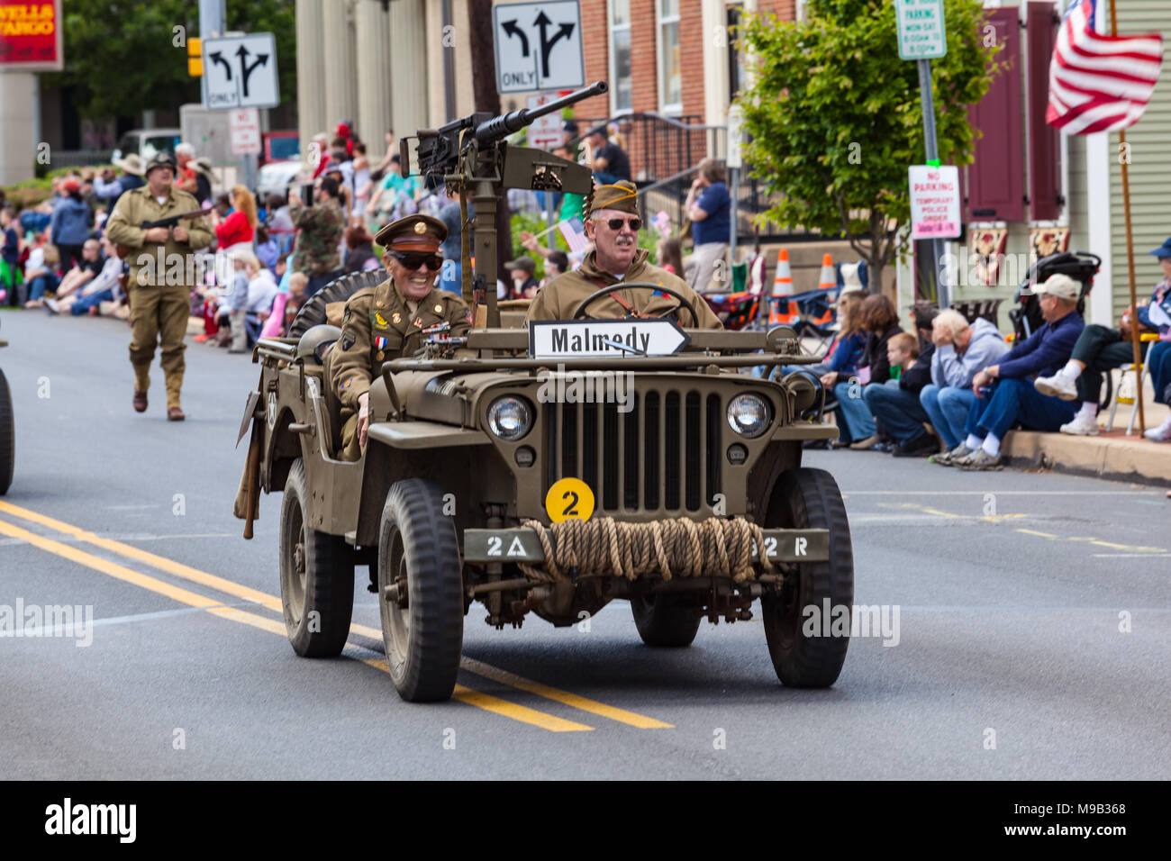 Mount Joy, PA, USA - May 25, 2013: WWII military reenactors in a jeep ...