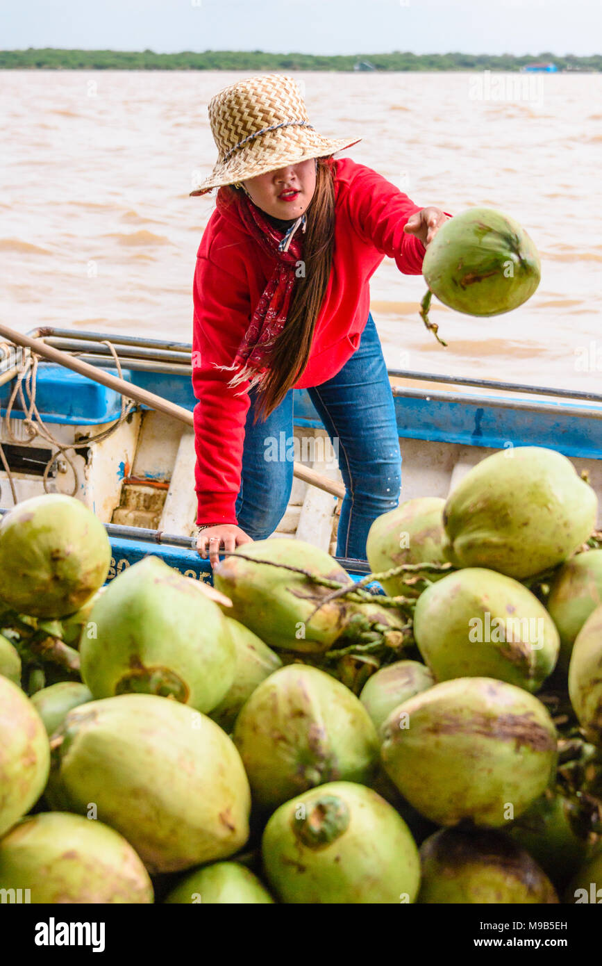 Women offload their cargo of coconuts from their wooden motorboat on ...