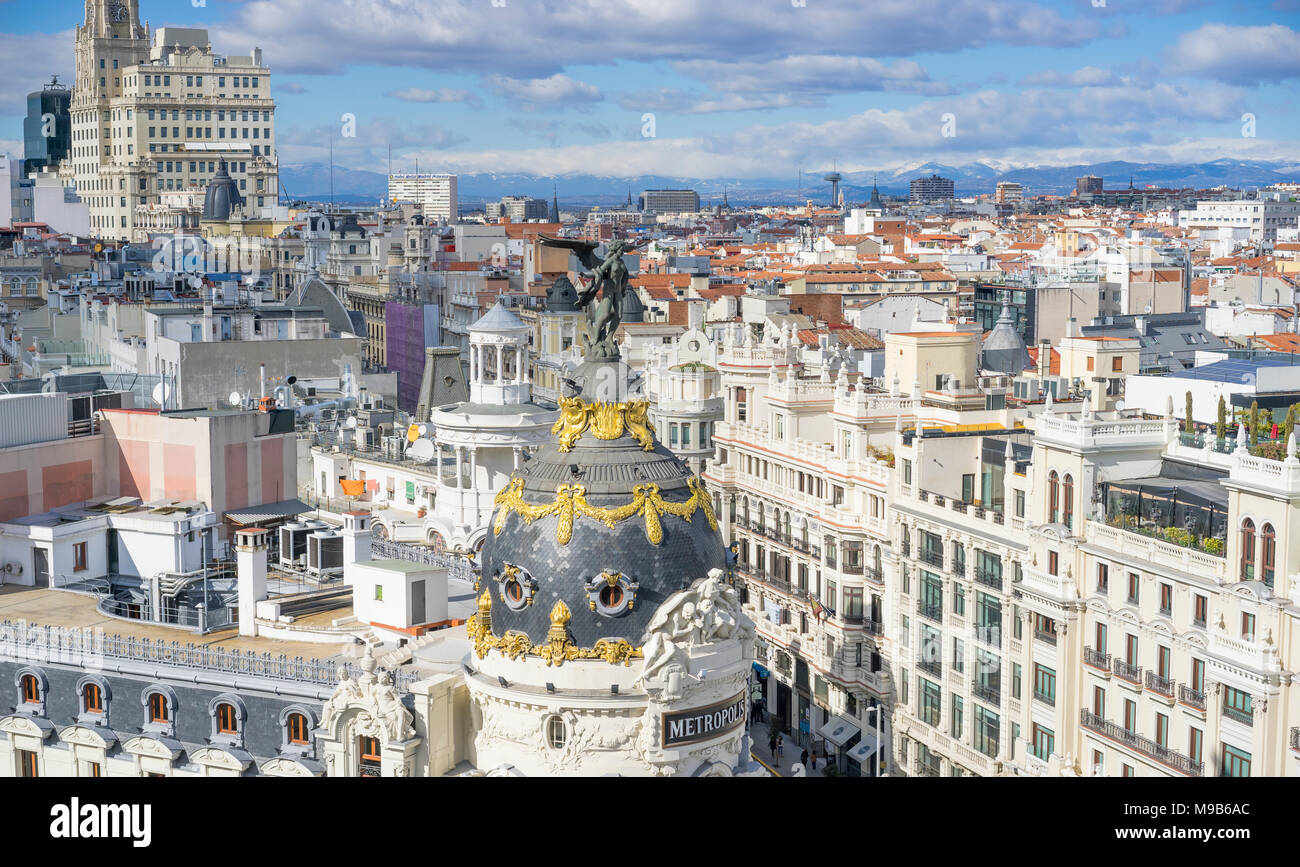 Panoramic aerial view of Gran Via, main shopping street in Madrid ...
