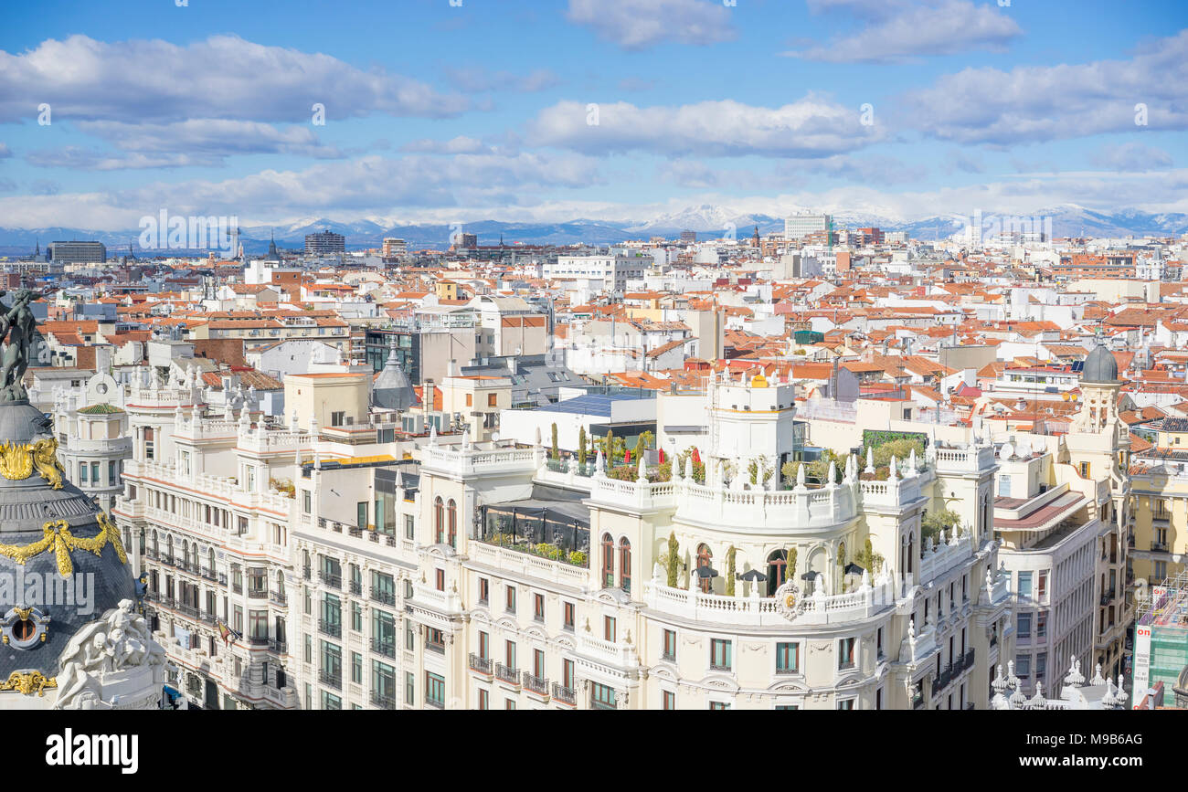 Panoramic aerial view of Gran Via, main shopping street in Madrid ...
