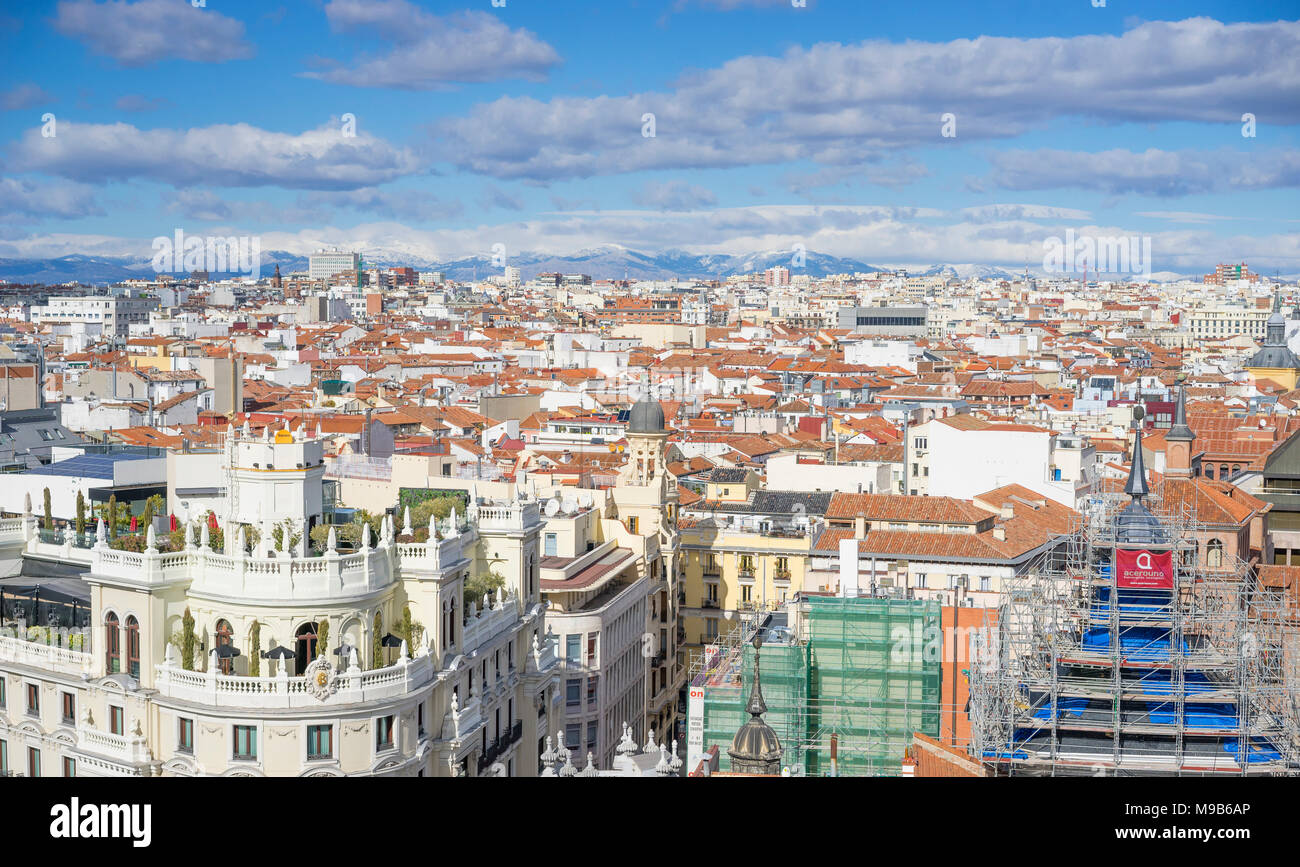 Panoramic aerial view of Gran Via, main shopping street in Madrid ...