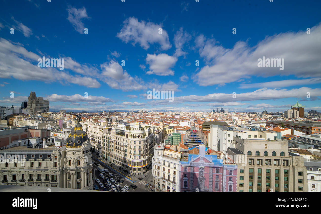 Panoramic aerial view of Gran Via, main shopping street in Madrid ...