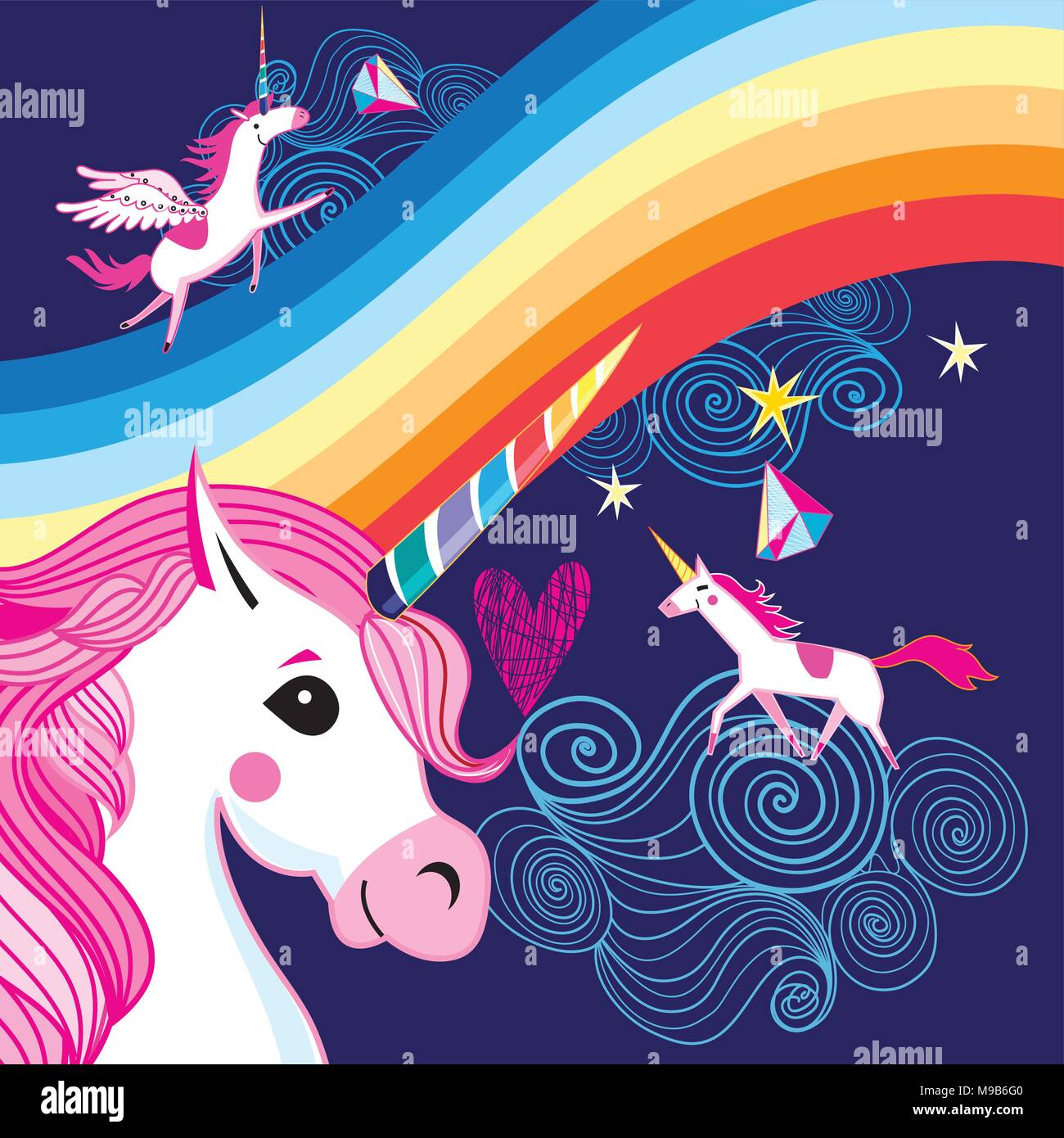 Vector bright poster with a rainbow and unicorns on a dark blue ...