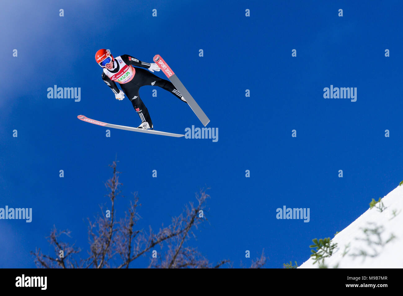Stephan Leyhe of Germany soars through the air during the team ...