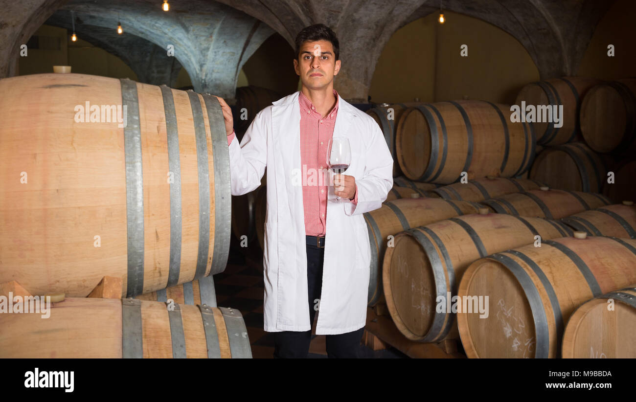 Professional taster of winery in uniform posing with wine in cellar ...