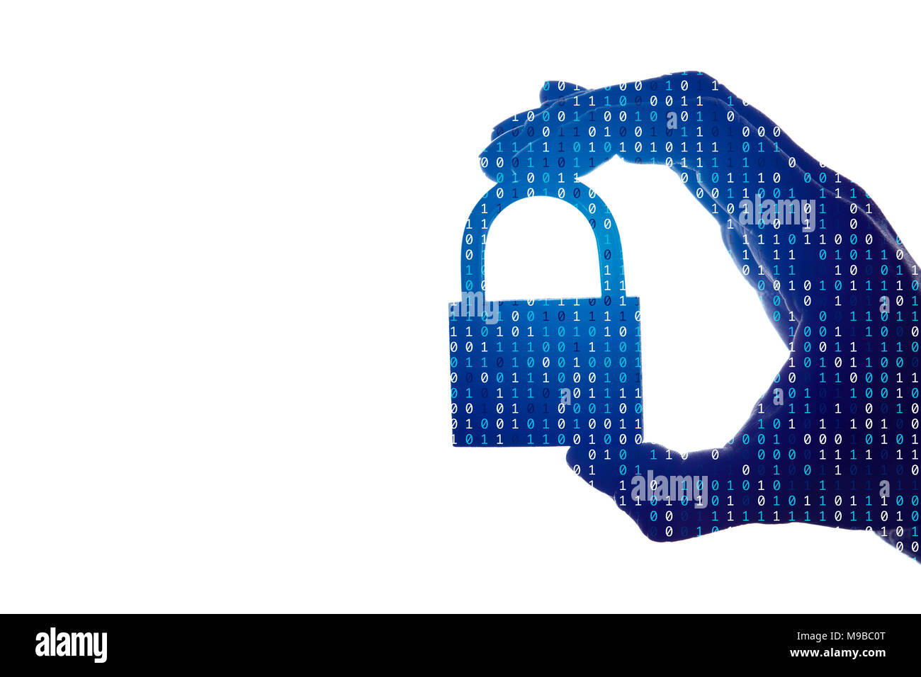Silhouette of a hand holding a padlock with binary digital code ...