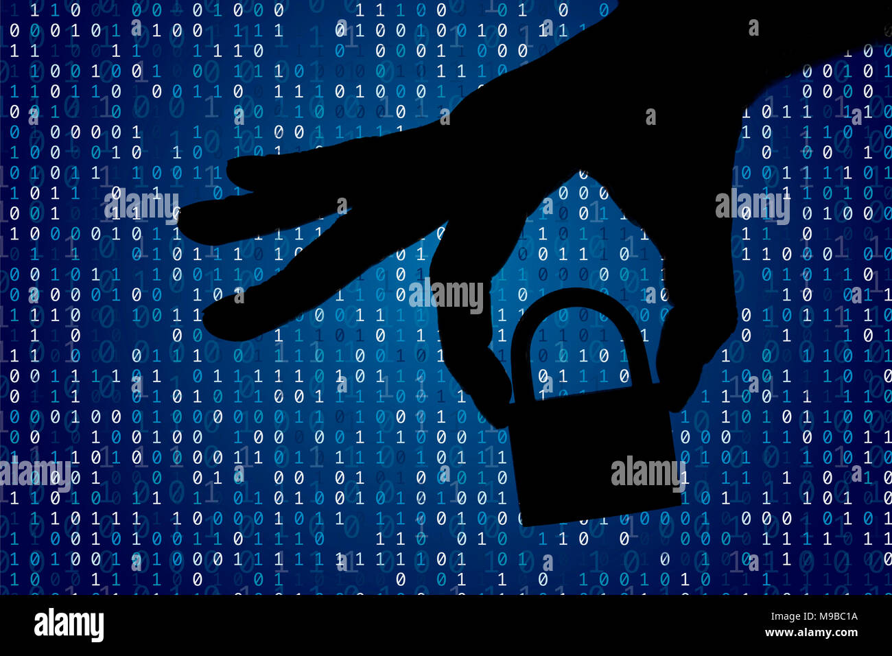 Silhouette of a hand holding a padlock with binary digital code ...