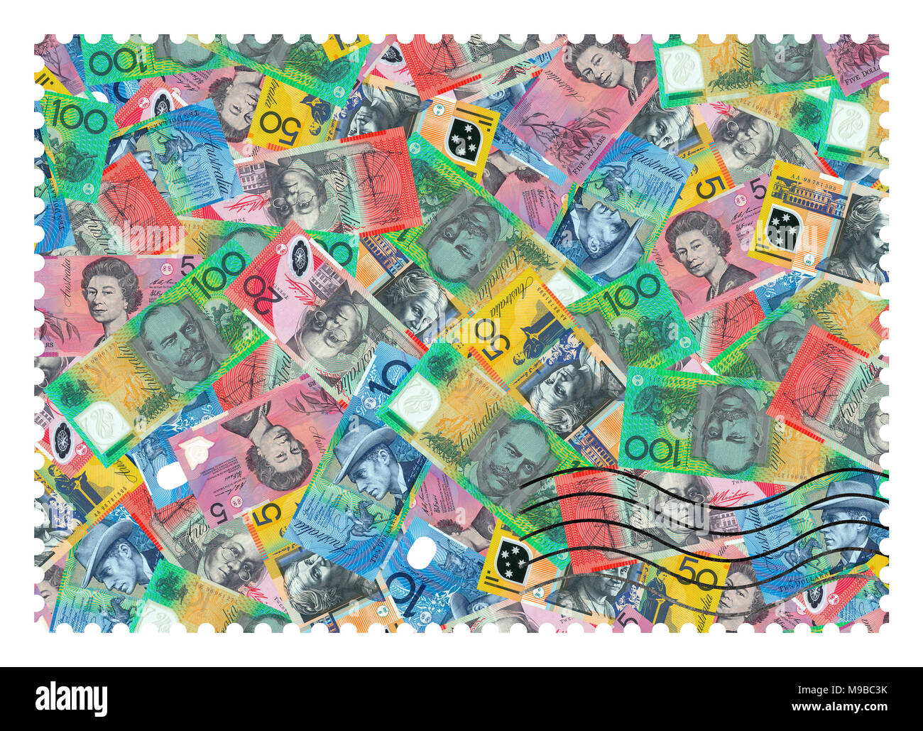 A fake postage stamp shows image of Australian dollars abstract ...