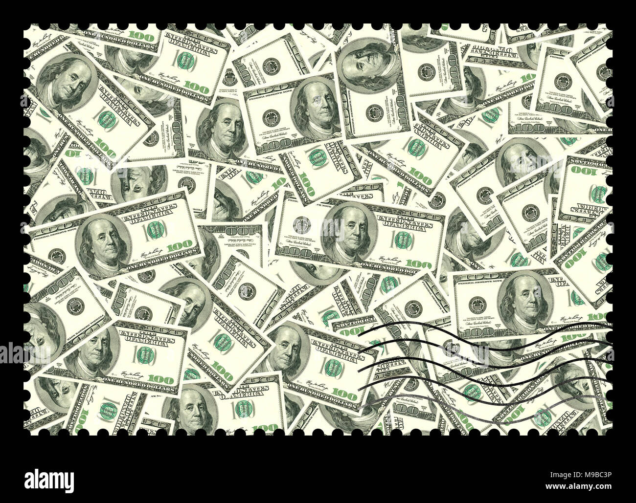 A fake postage stamp shows image of dollars abstract background Stock ...