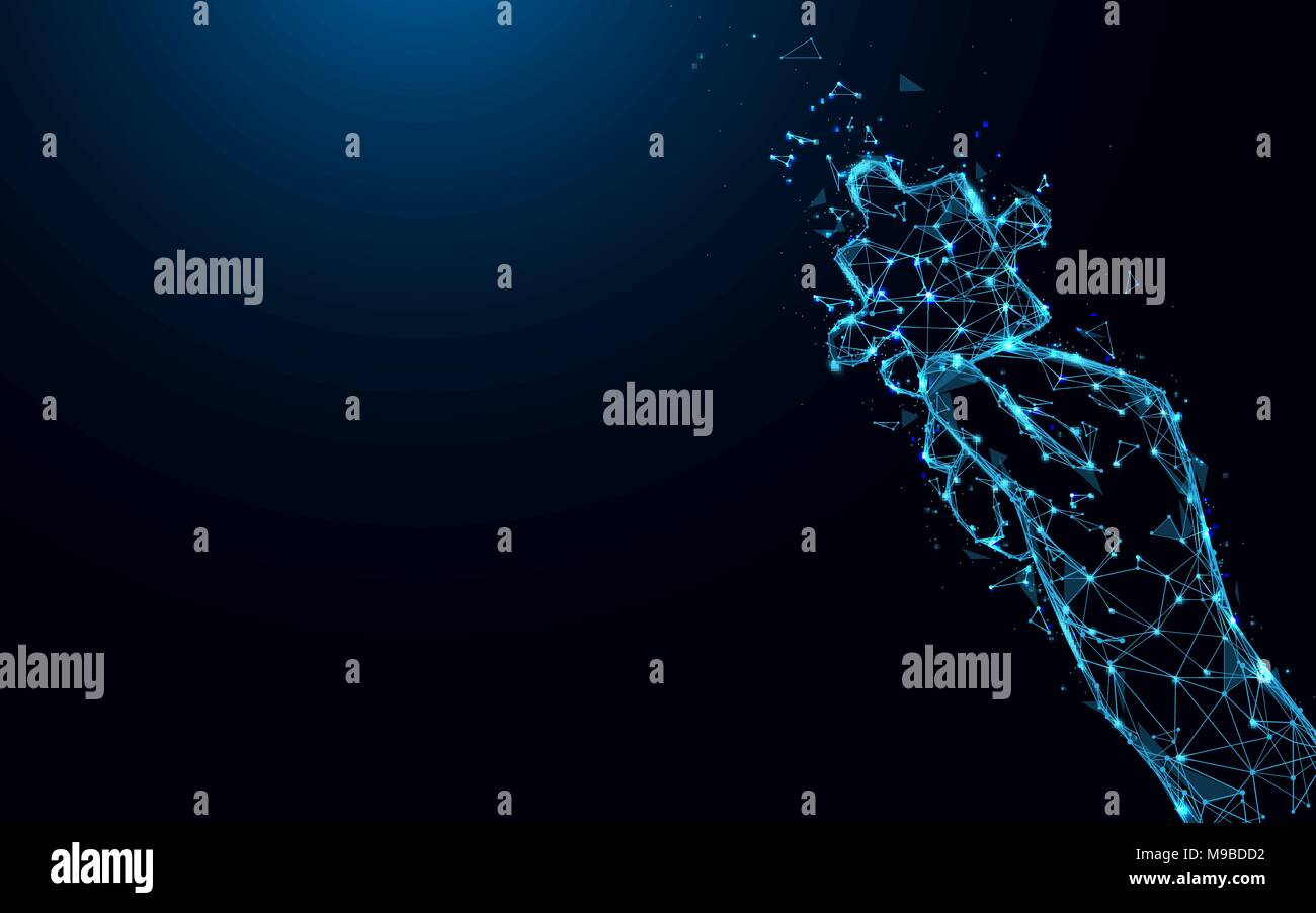 Abstract hand holding jigsaw puzzle form lines and triangles, point connecting network on blue ...