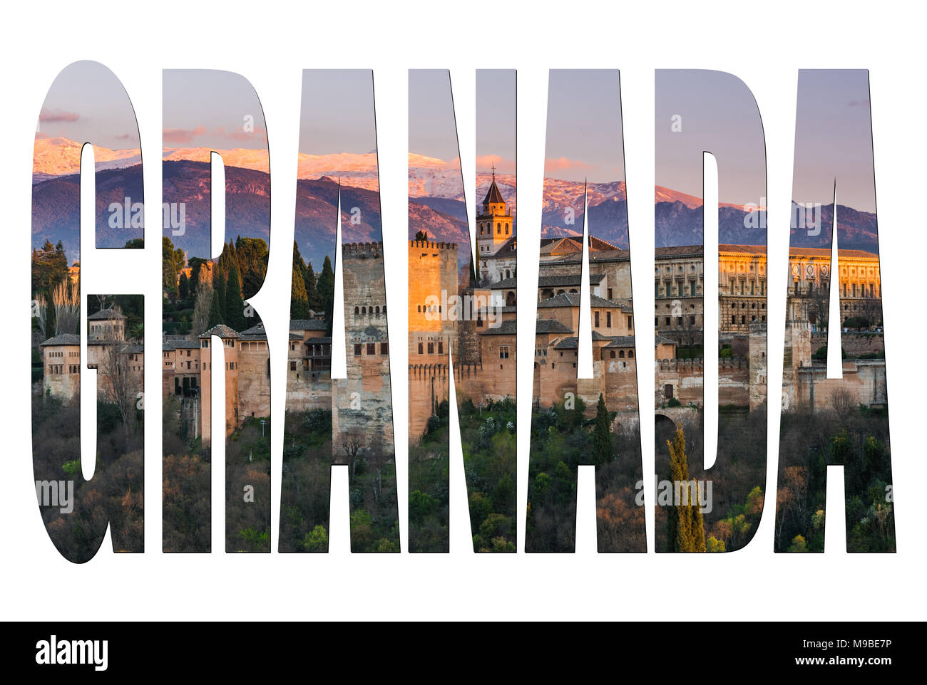 Granada letters isolated with Alhambra image, post card template Stock ...