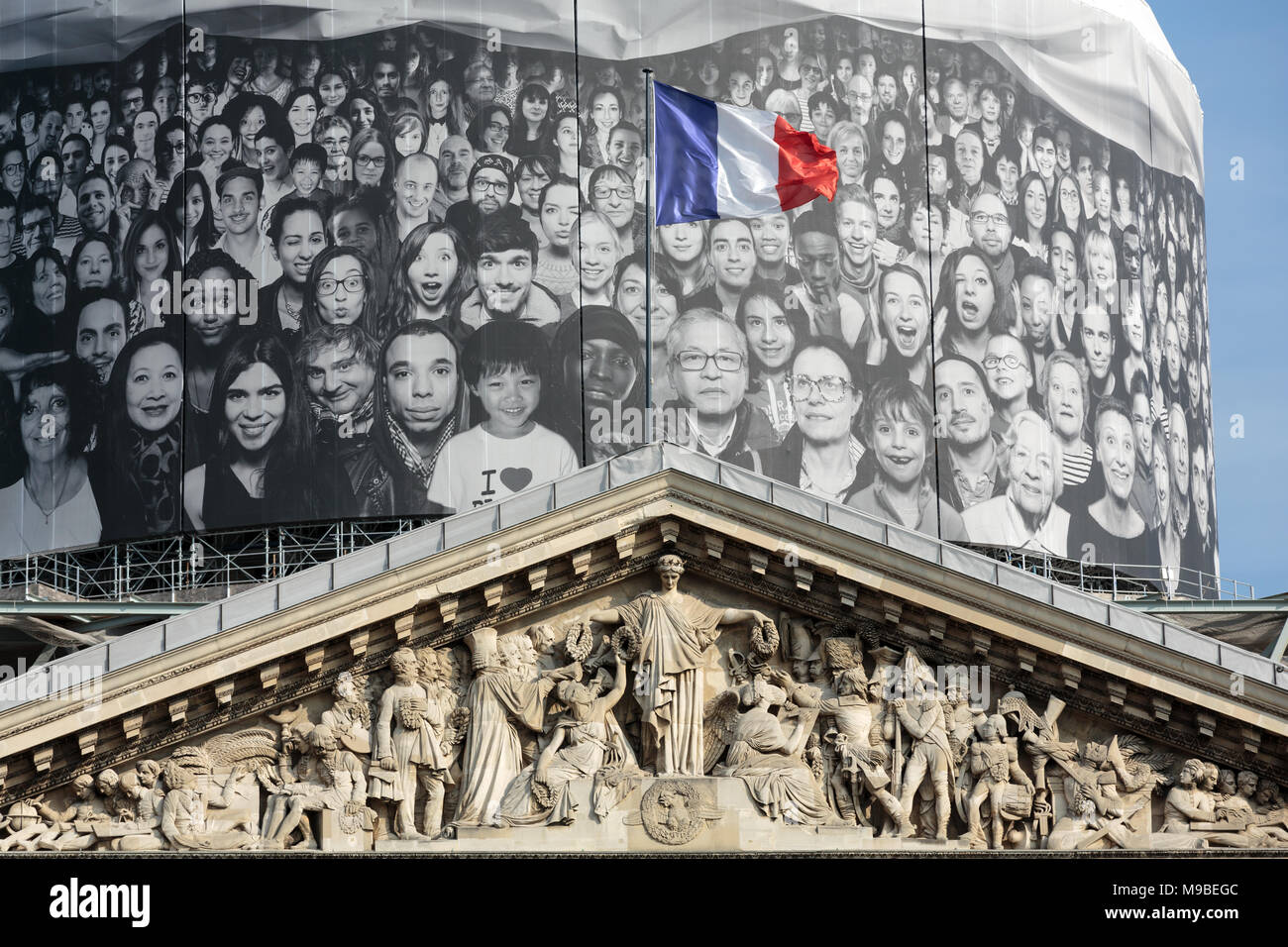 Paris - The pediment of Pantheon against the background of repaired ...