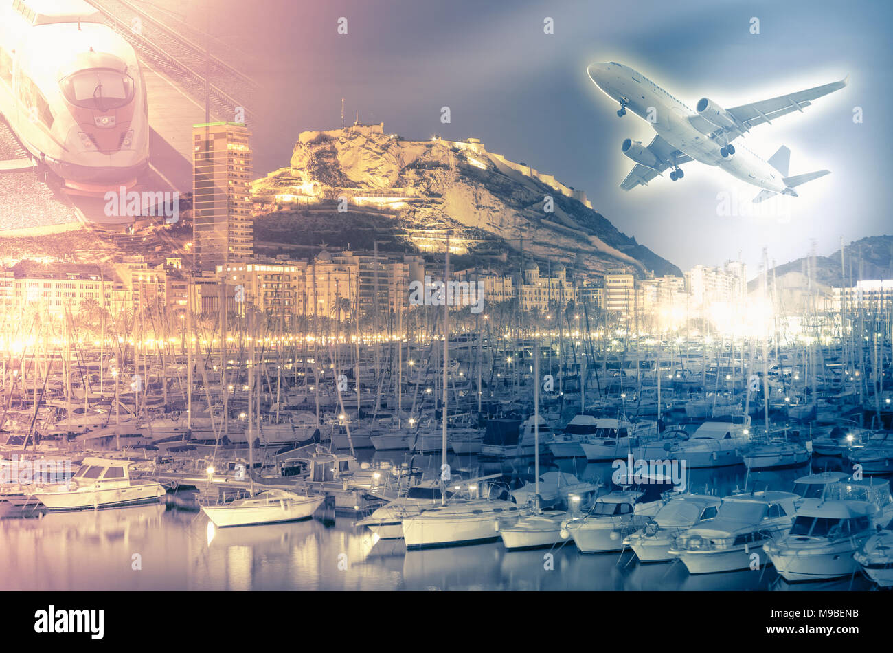 Airplane and high speed train on illuminated background with yachts ...