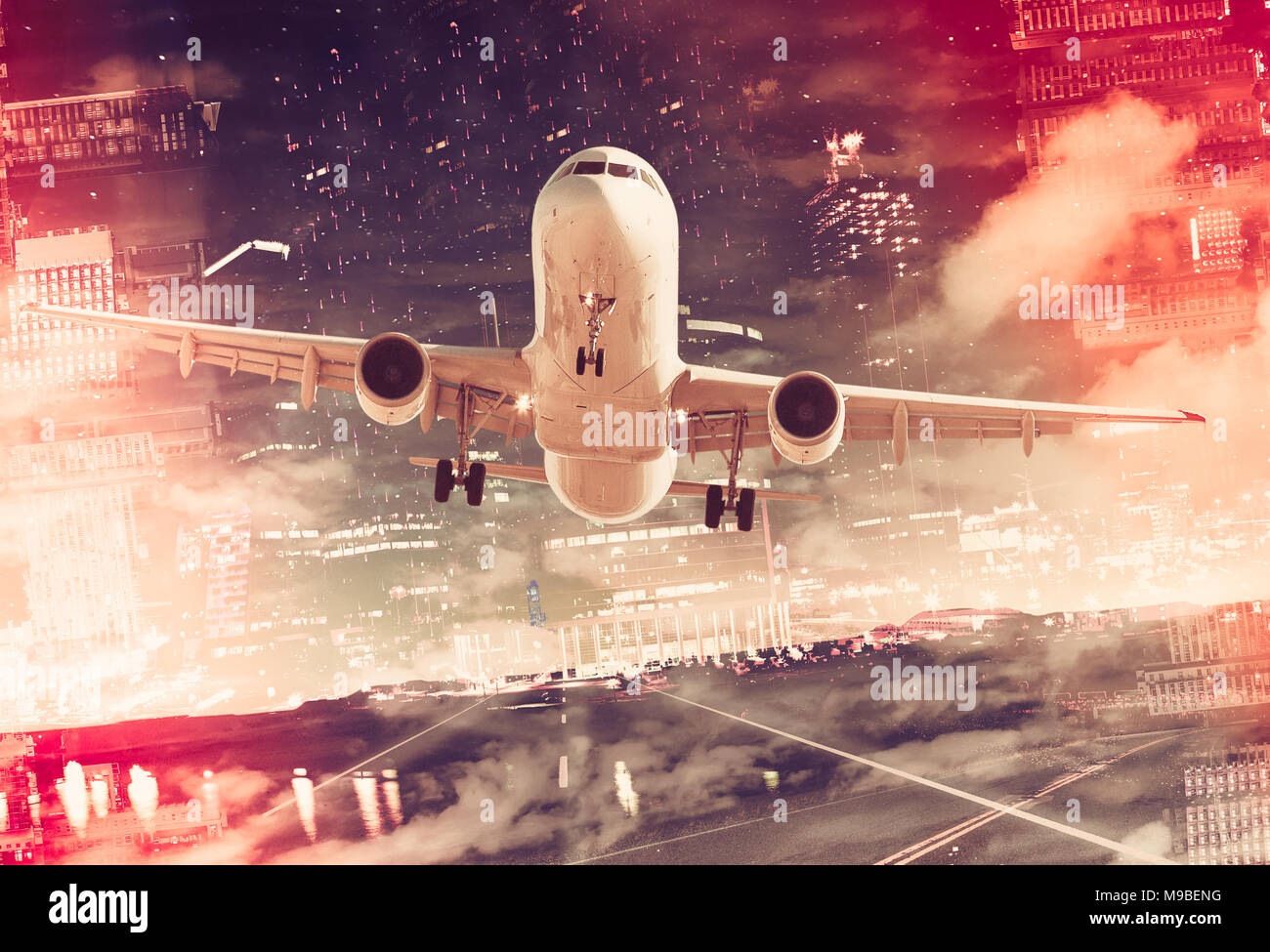 Airplane soaring high in colorful background with various buildings ...