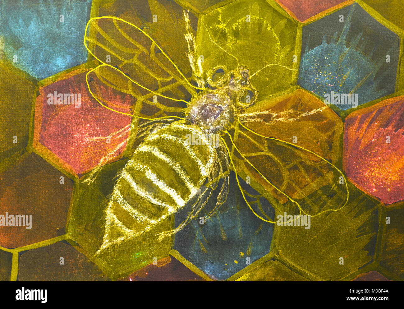 Golden bee with open wings on hexagon construction. The dabbing ...