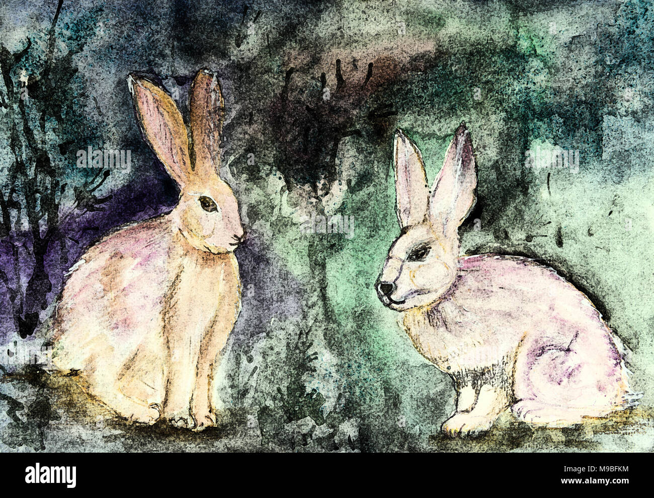 Apocalyptic rabbits on a bluish turquoise background. The dabbing ...