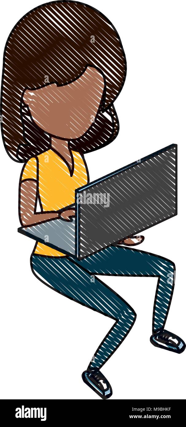 avatar woman sitting and using a laptop computer over white background ...