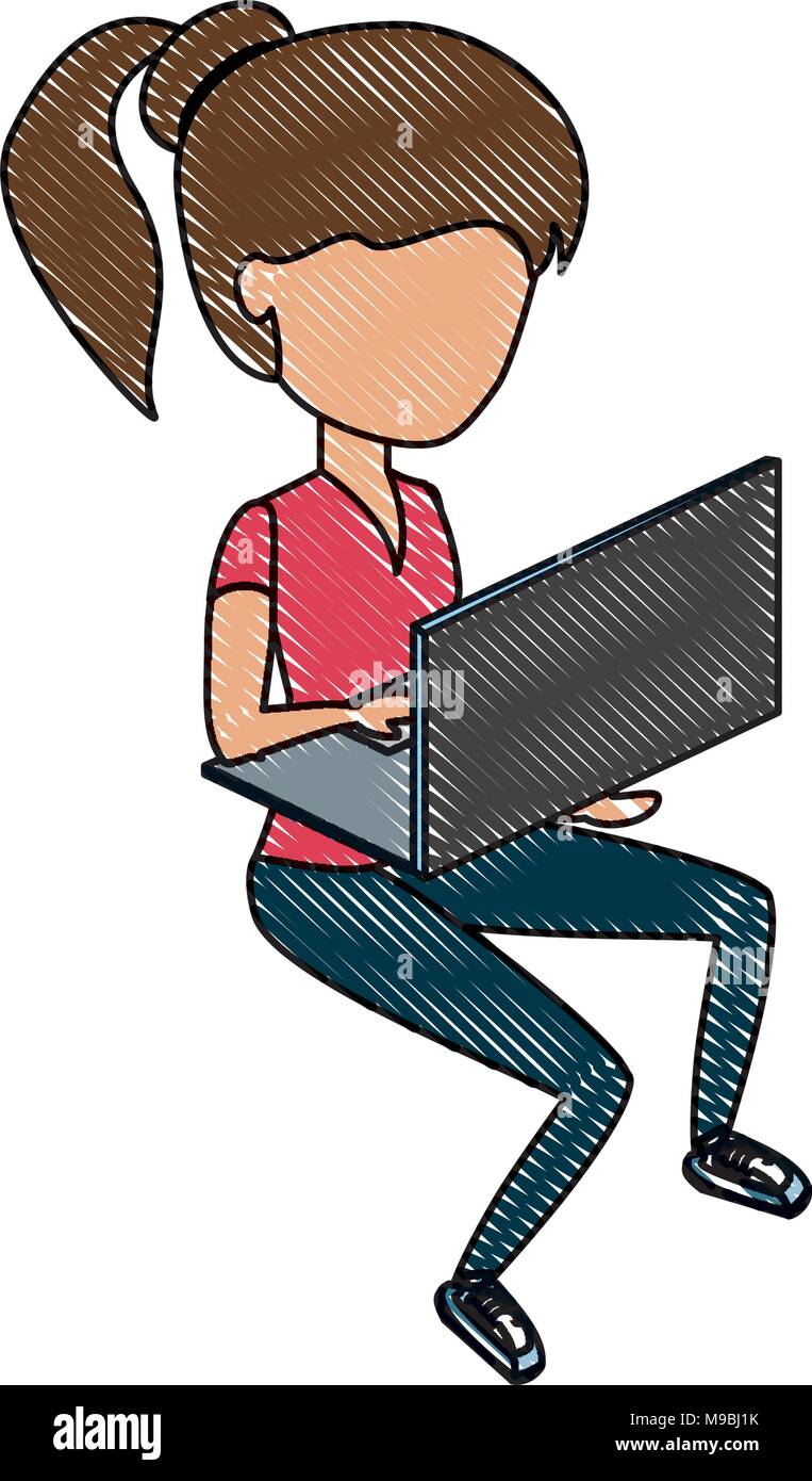 avatar woman sitting and using a laptop computer over white background ...