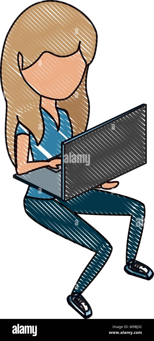 avatar woman sitting and using a laptop computer over white background ...