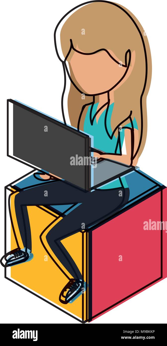 avatar woman sitting on a cube seat and using a laptop computer over ...