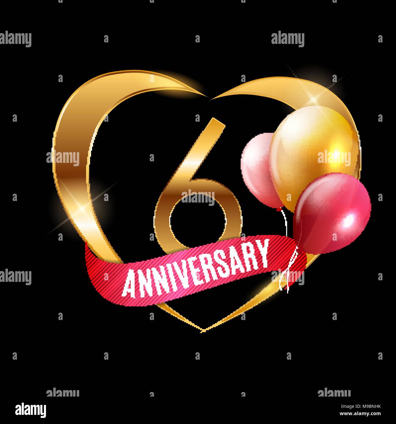 Template Gold Logo 6 Years Anniversary with Ribbon and Balloons Vector ...