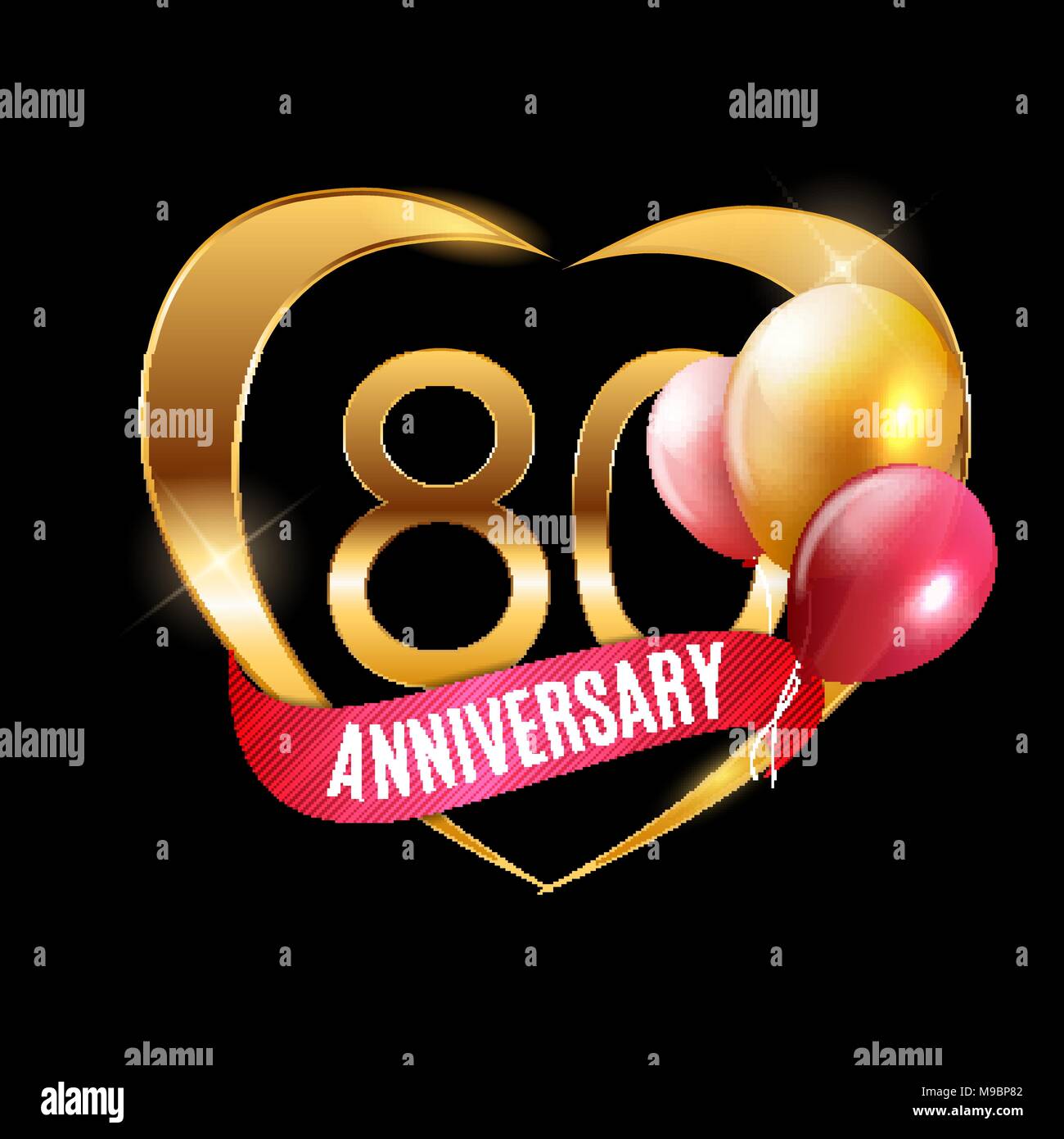 Template Gold Logo 80 Years Anniversary with Ribbon and Balloons Vector ...