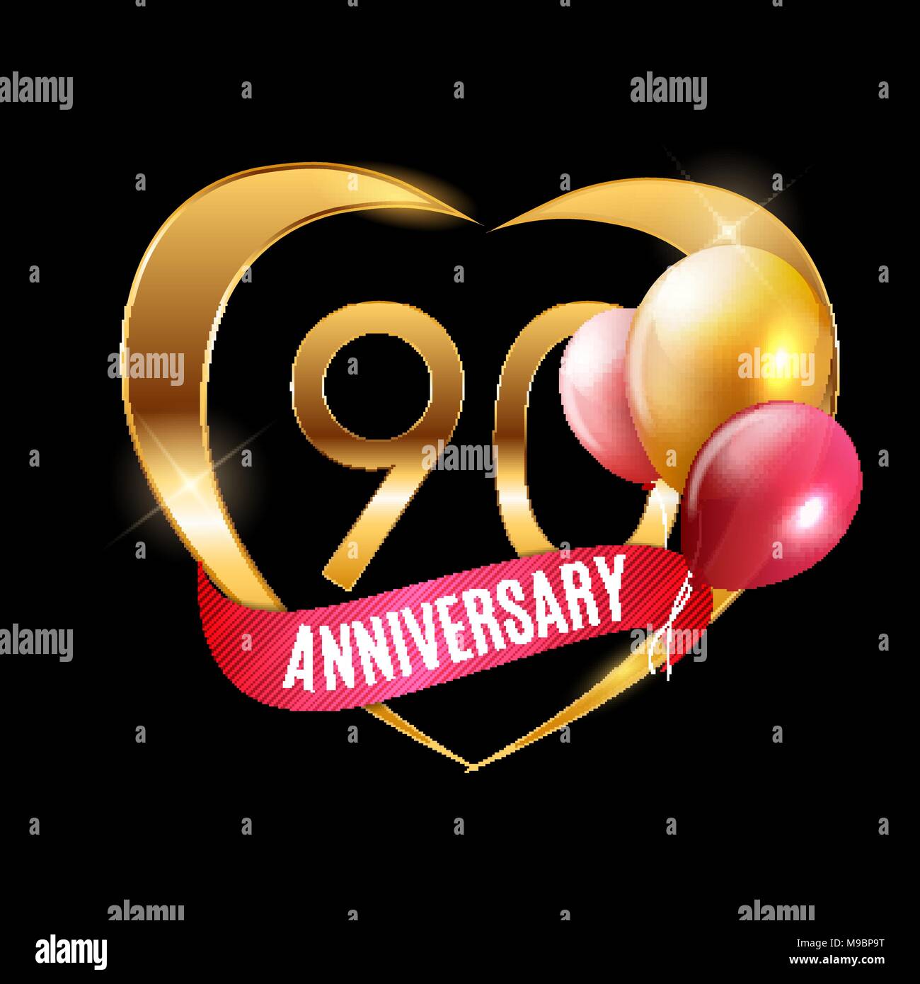 Template Gold Logo 90 Years Anniversary with Ribbon and Balloons Vector ...