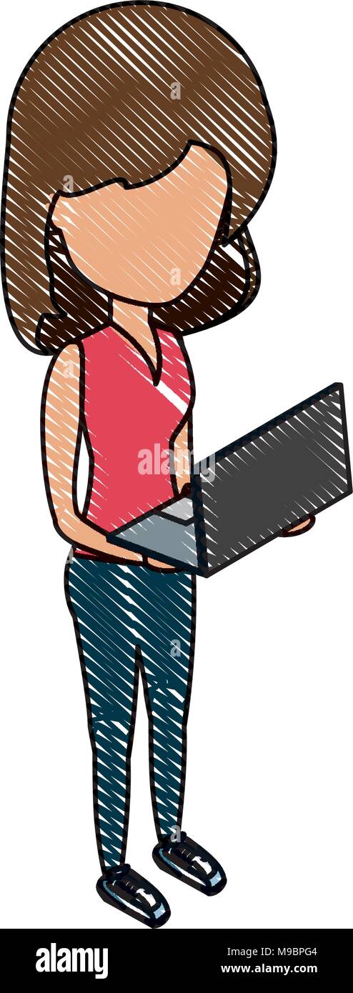 avatar woman standing and using a laptop computer over white background ...