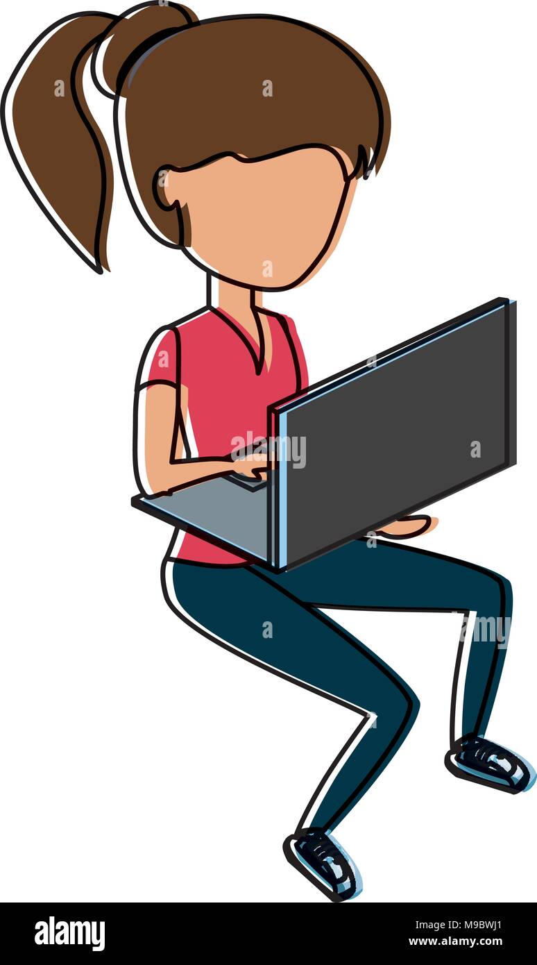 avatar woman sitting and using a laptop computer over white background ...