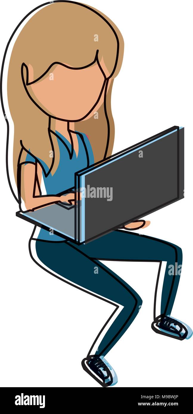avatar woman sitting and using a laptop computer over white background ...