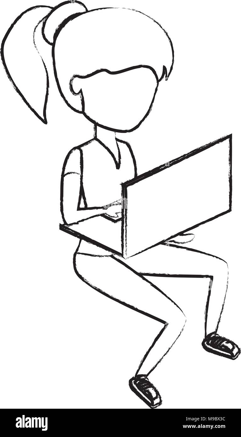 sketch of avatar woman sitting and using a laptop computer over white ...
