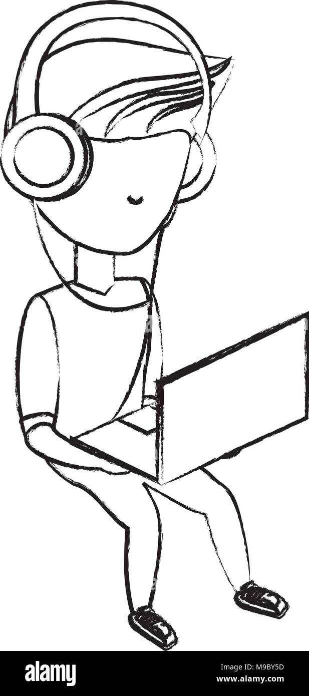 sketch of avatar young man sitting and using a laptop computer and ...