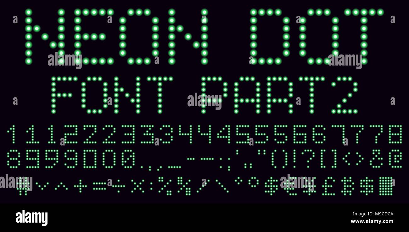 Neon dot font in green, part 2. Vector handmade alphabet consisting of ...