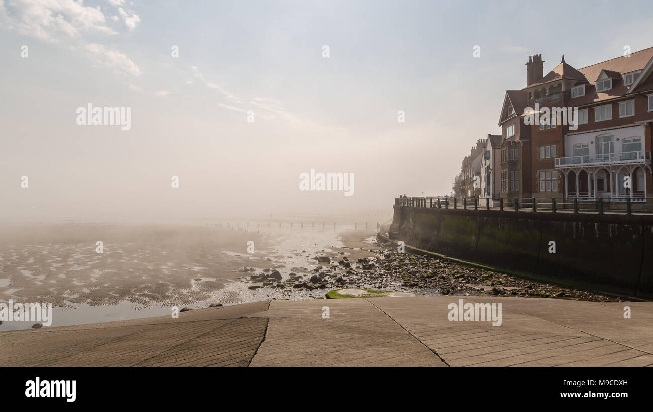 Sandsend, North Yorkshire, England, UK - May 08, 2016: Wooden stakes on ...