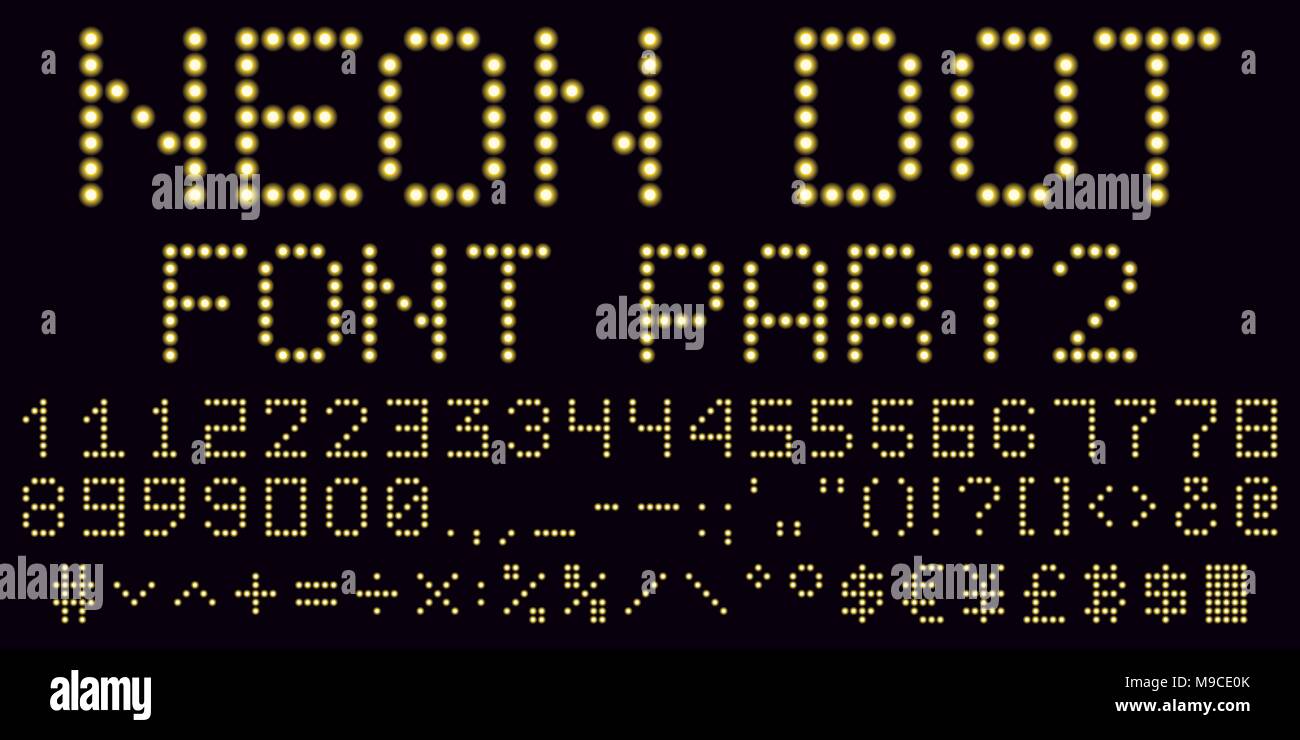 Neon dot font in yellow, part 2. Vector handmade alphabet consisting of ...