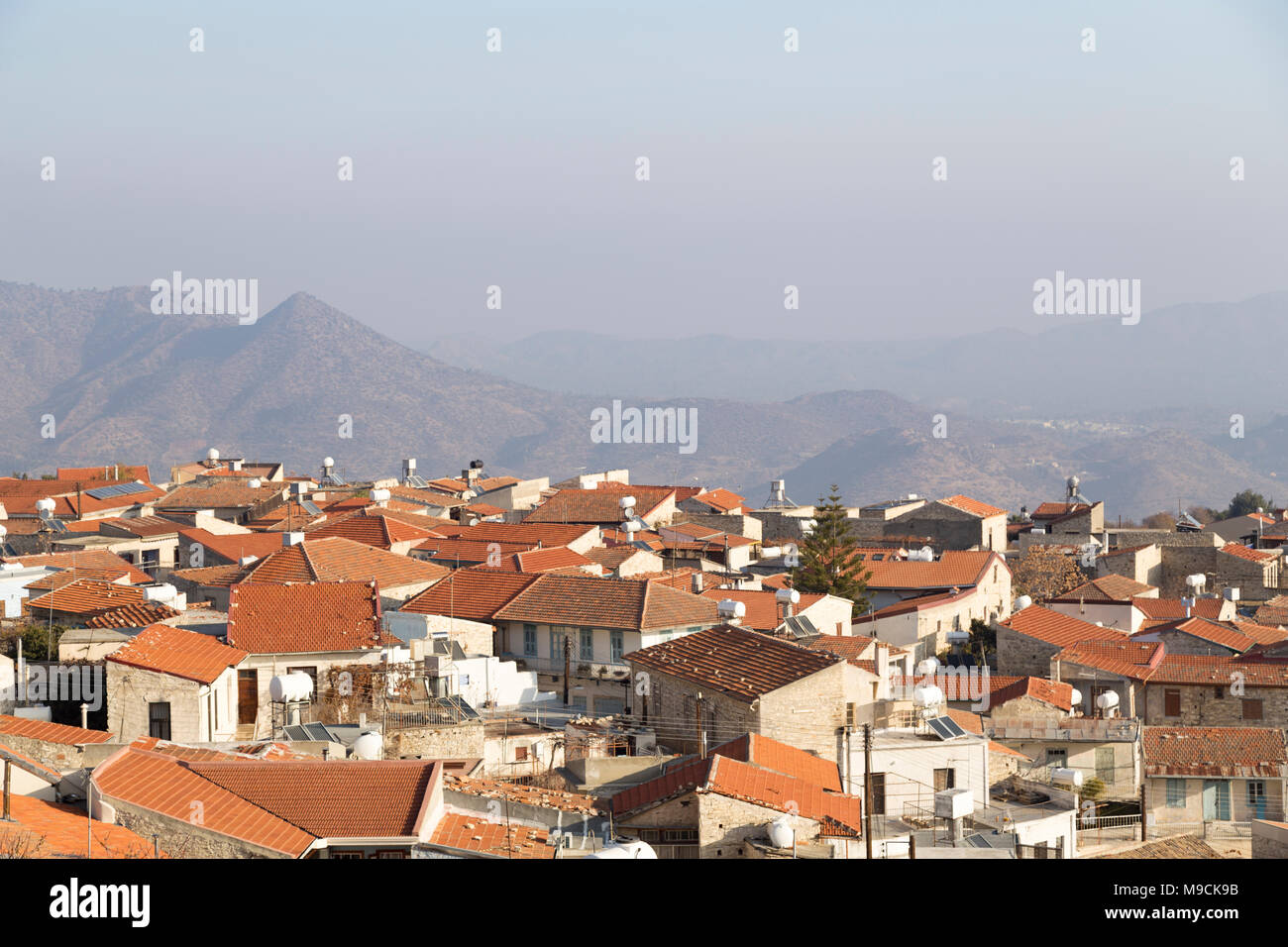 Cyprus, Lefkara, closeup view over the rooftops of the village of ...